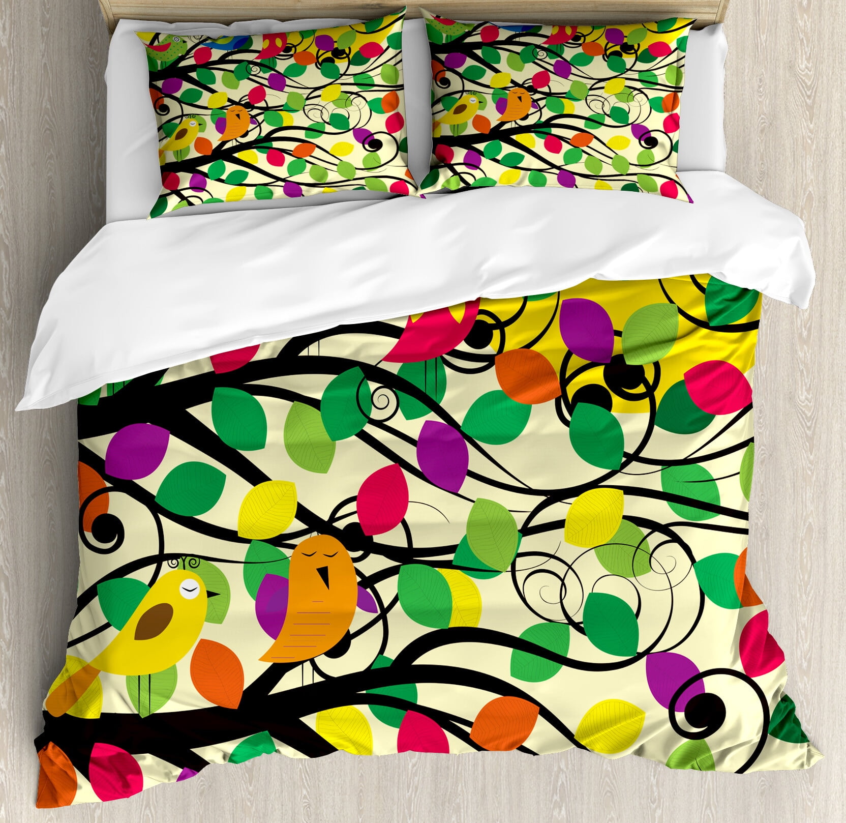Birds Duvet Cover Set, Cheerful Happy Birds Singing on Lively Tree ...