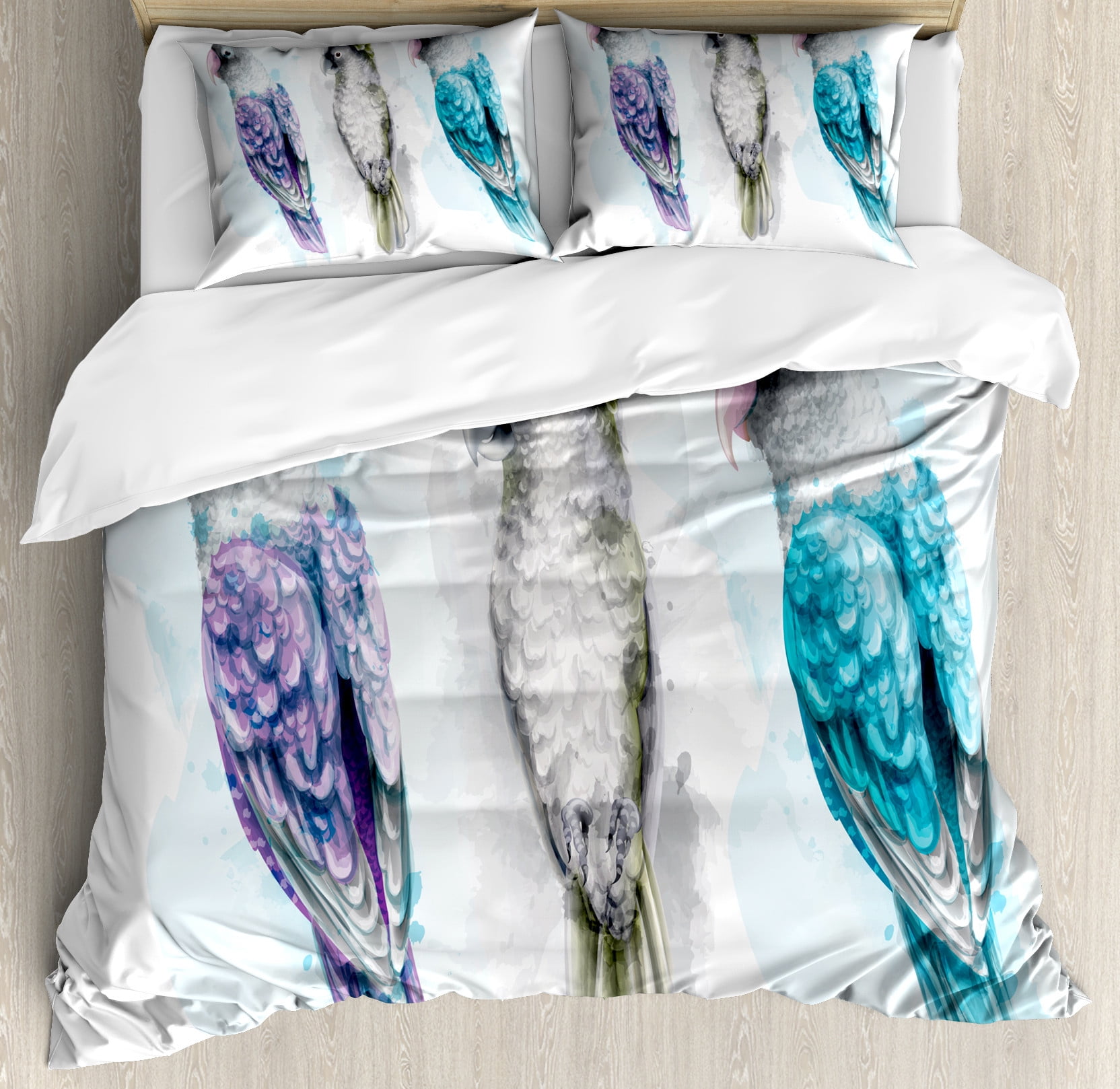 Birds Duvet Cover Set, Colorful Exotic Parrots with Watercolor Tropical ...
