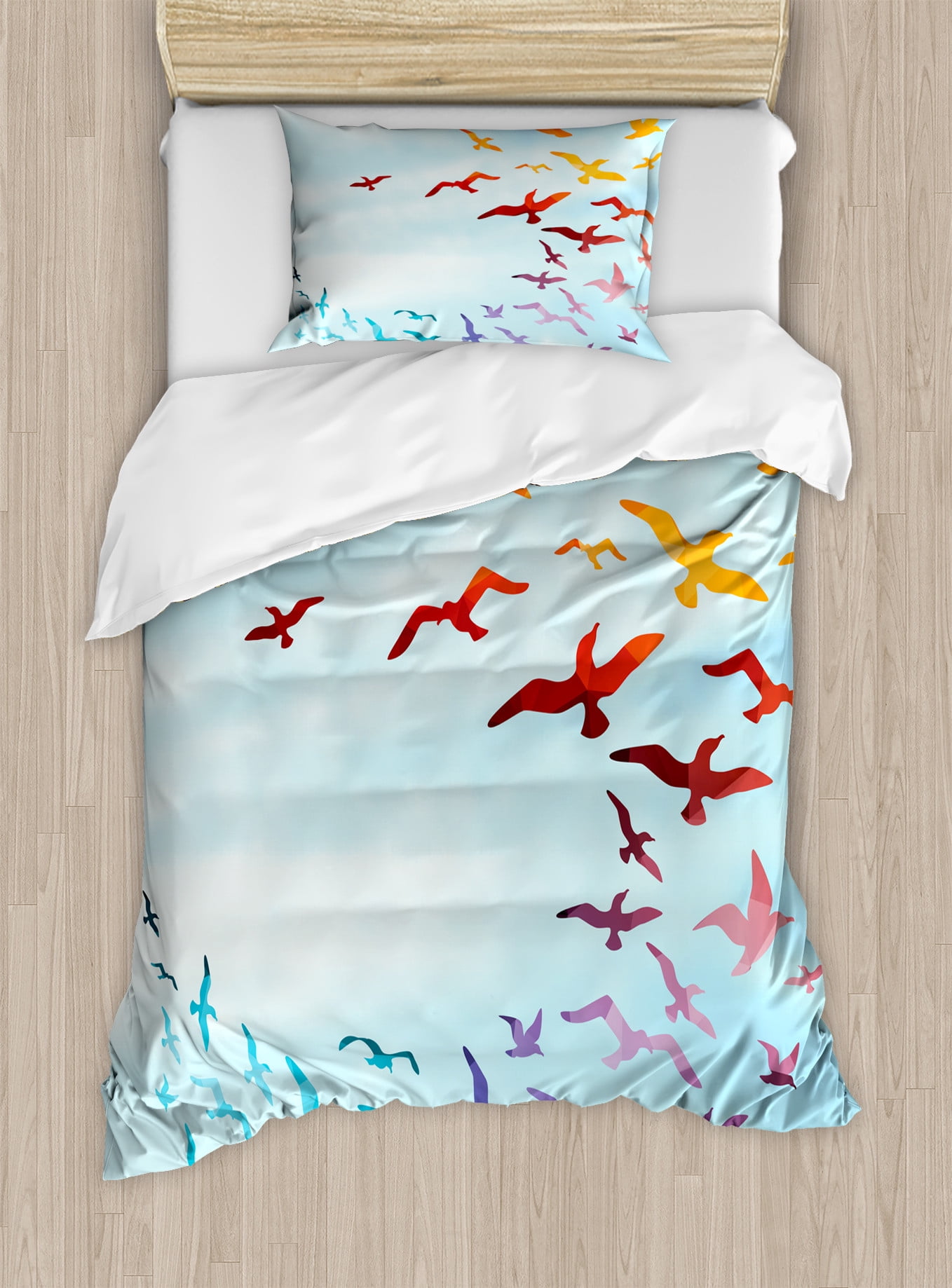 Birds Duvet Cover Set, Colorful Illustration of Flying Birds Against ...