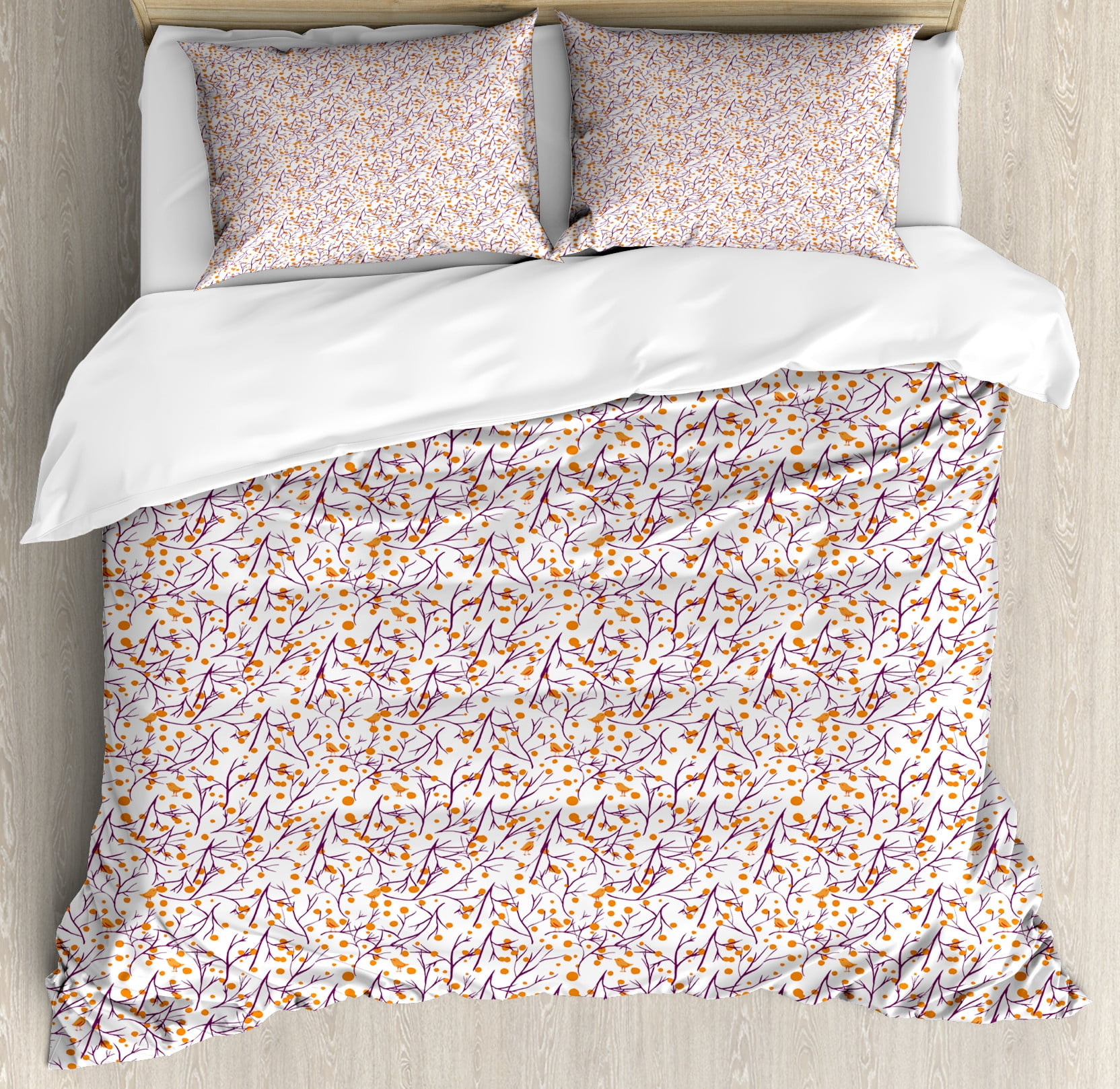 Birds Duvet Cover Set, Drawings of Round Blobs with Birds on Branches ...