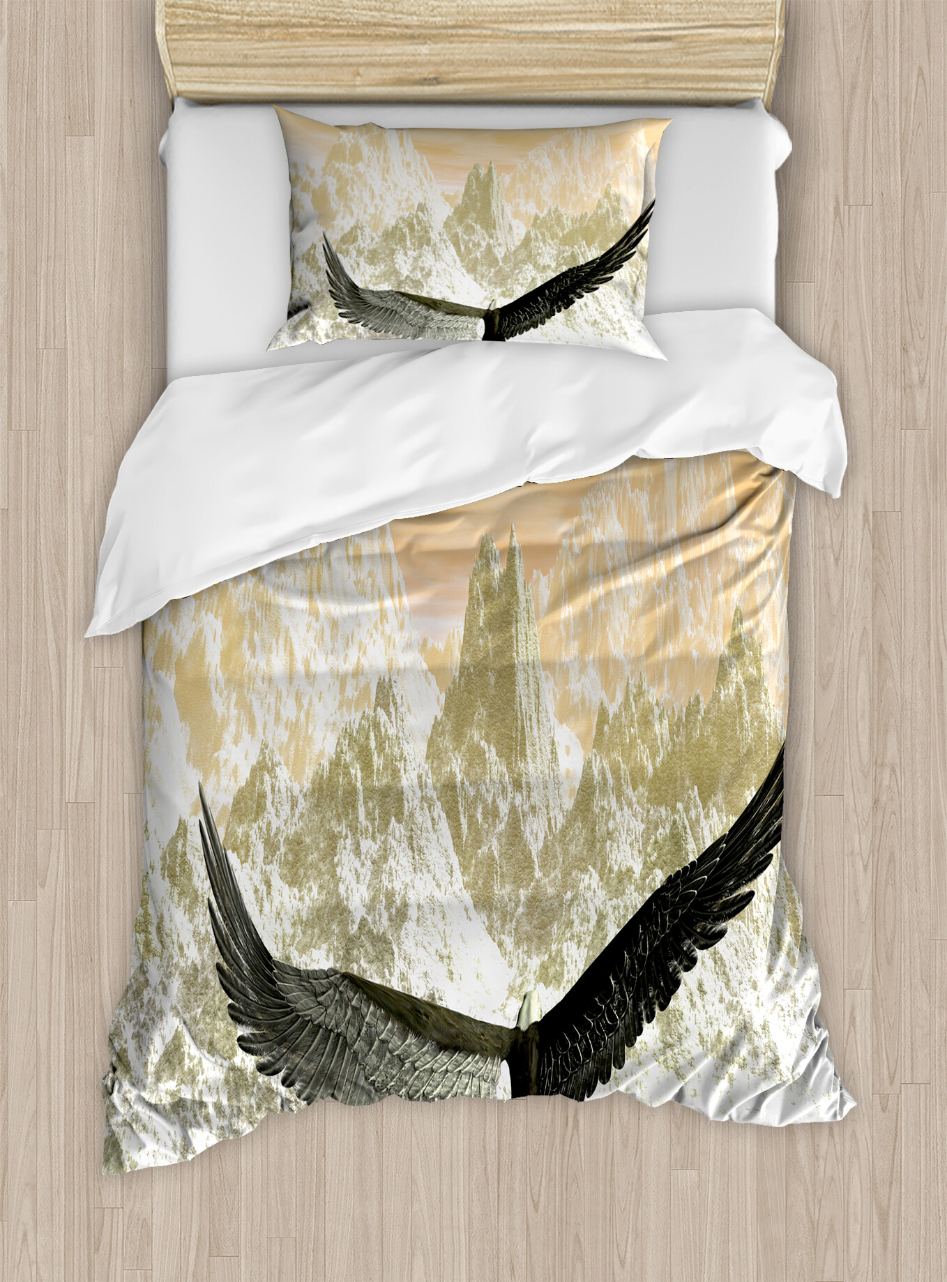 Birds Duvet Cover Set, Eagle Flying Towards the Mountains in the Sunset ...