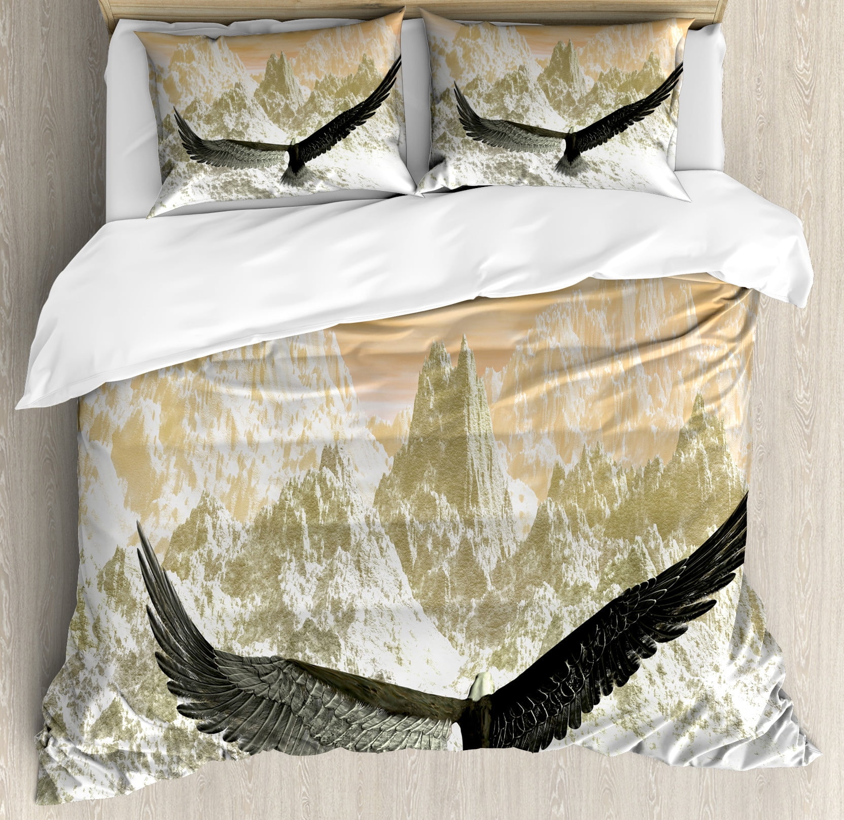 Birds Duvet Cover Set, Eagle Flying Towards the Mountains in the Sunset ...