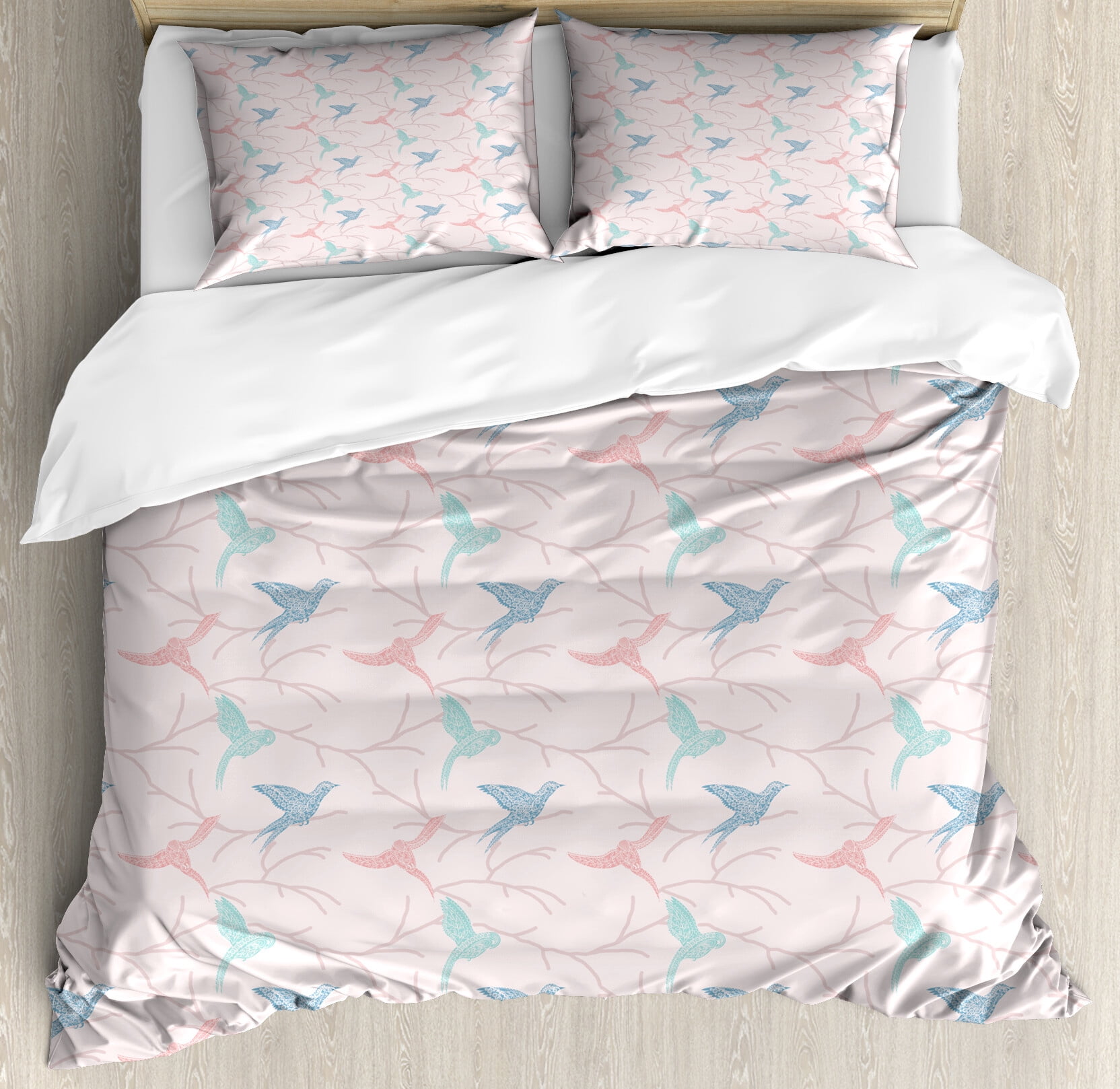 Birds Duvet Cover Set, Flying Bird Branches Zentangle Motifs in Pastel ...
