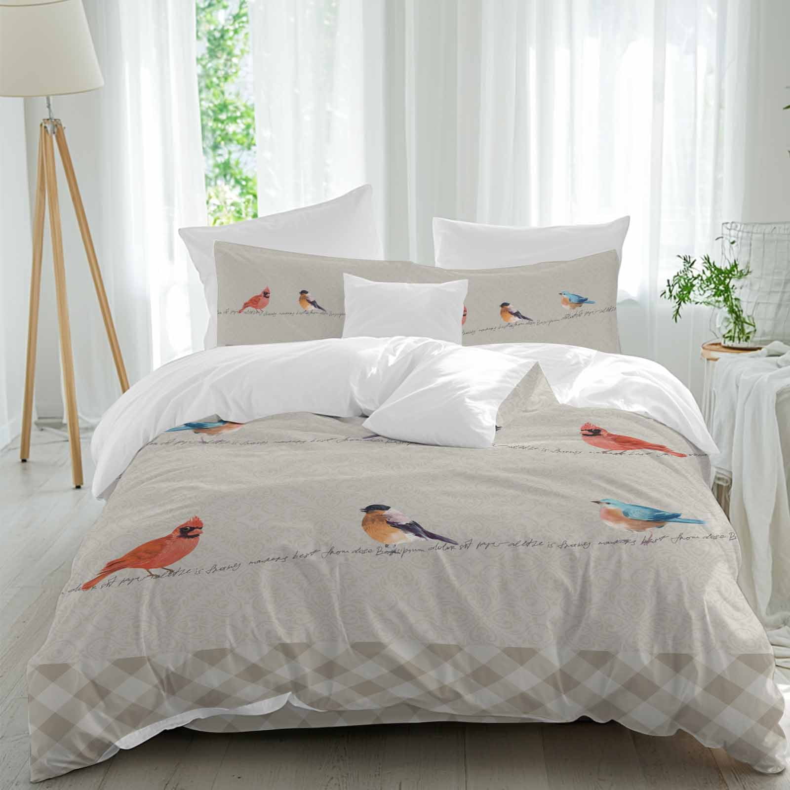 Birds Duvet Cover Set Full Size, Vintage Yellow Blue Red Winter Birds ...