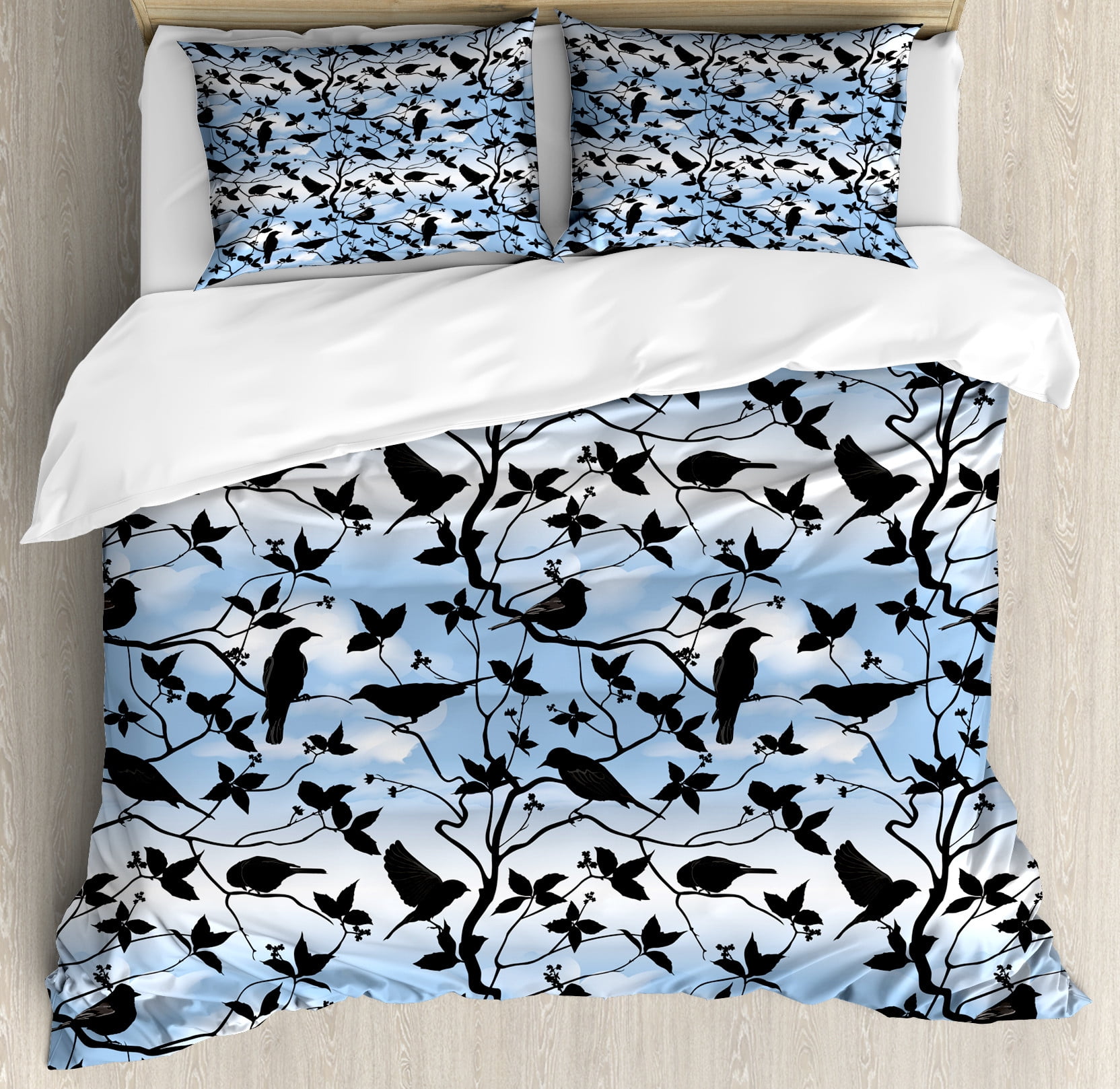 Birds Duvet Cover Set, Silhouettes of Hummingbirds Flying Crows on Tree ...