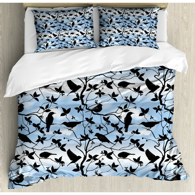Birds Duvet Cover Set, Silhouettes of Hummingbirds Flying Crows on Tree ...