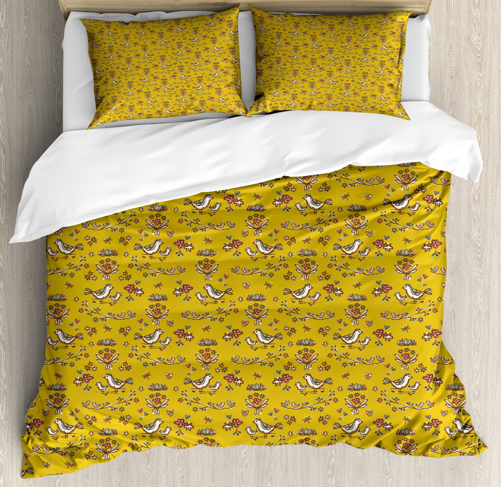 Birds Duvet Cover Set, Sketch Like Drawing of Blossoming Twigs and ...