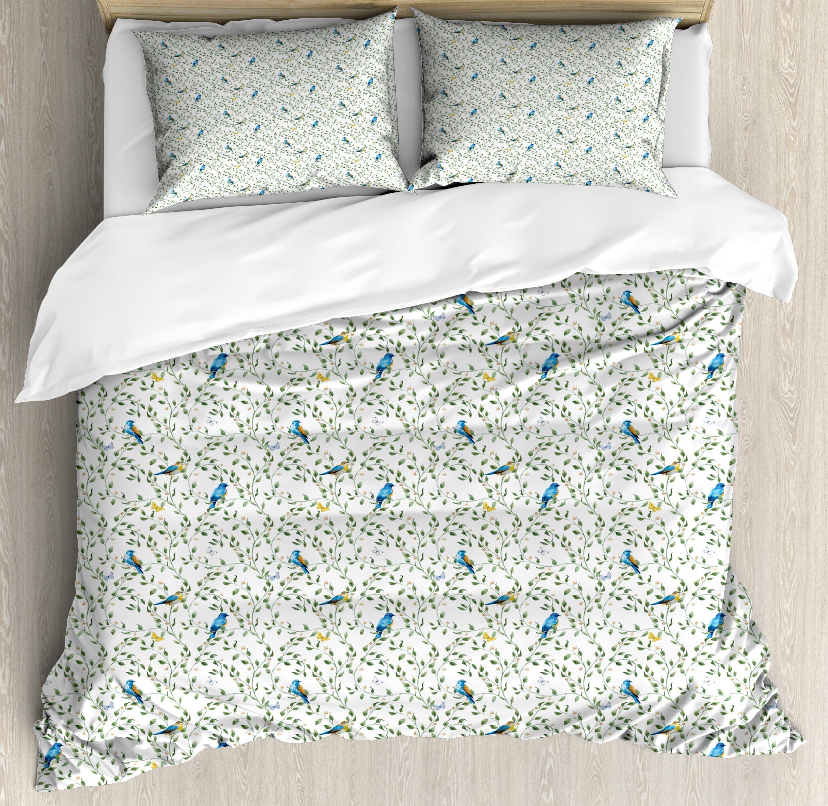Birds Duvet Cover Set, Winged Animal and Butterflies on Thin Leafy ...