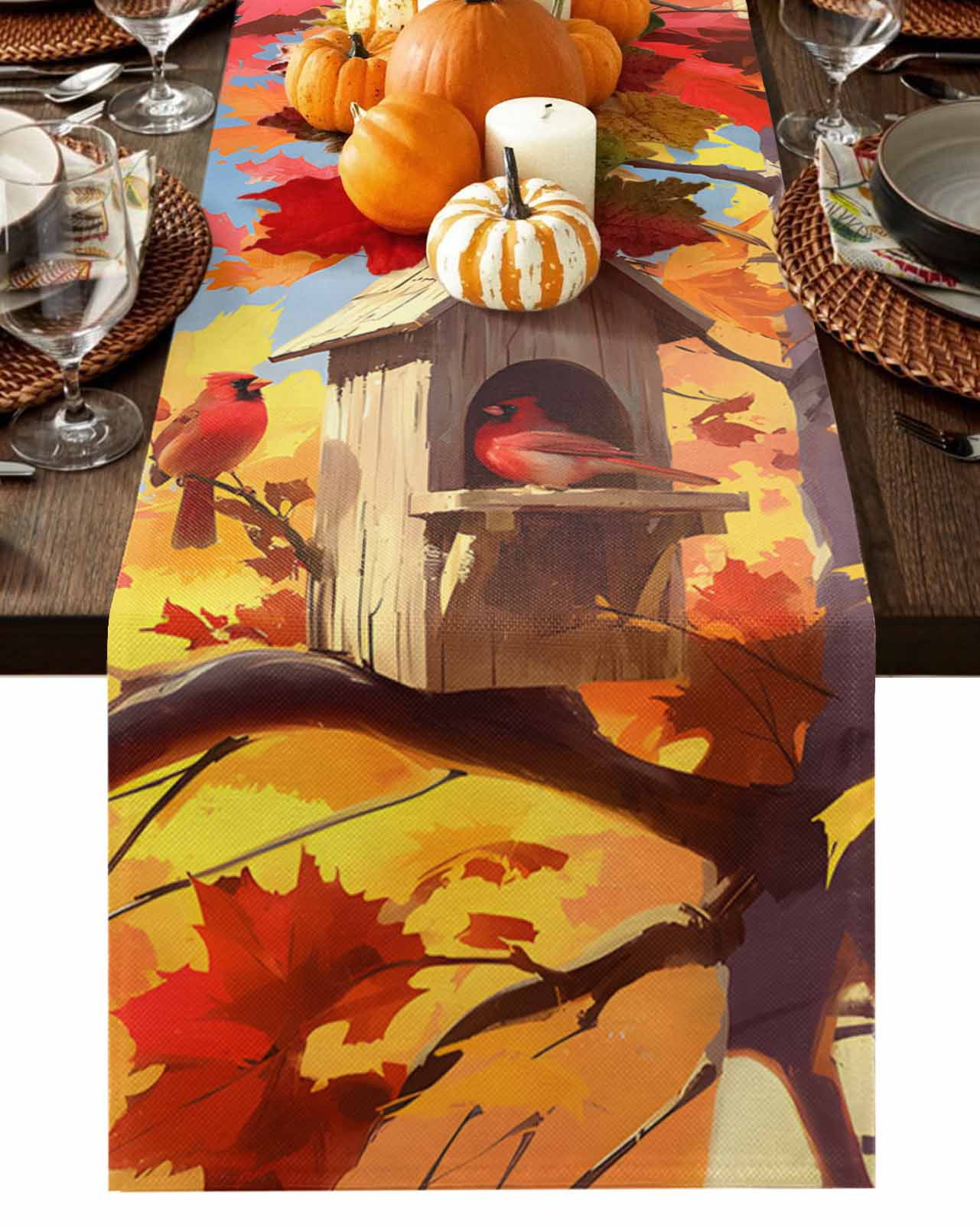 Birds Farmhouse on Maple Tree Branches Table Runner-36 Inch Long ...