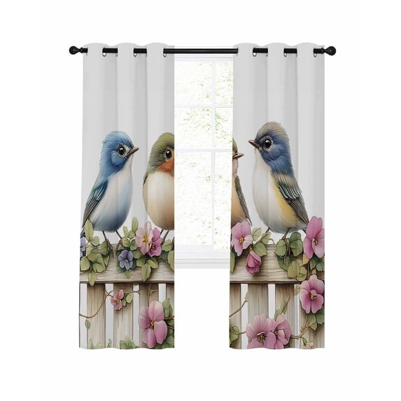 Birds Fence Blackout Curtains 84 Inch Length Spring Floral Thermal ...