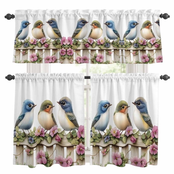 Birds Fence Kitchen Curtains Set for Windows, Spring Floral Curtains ...