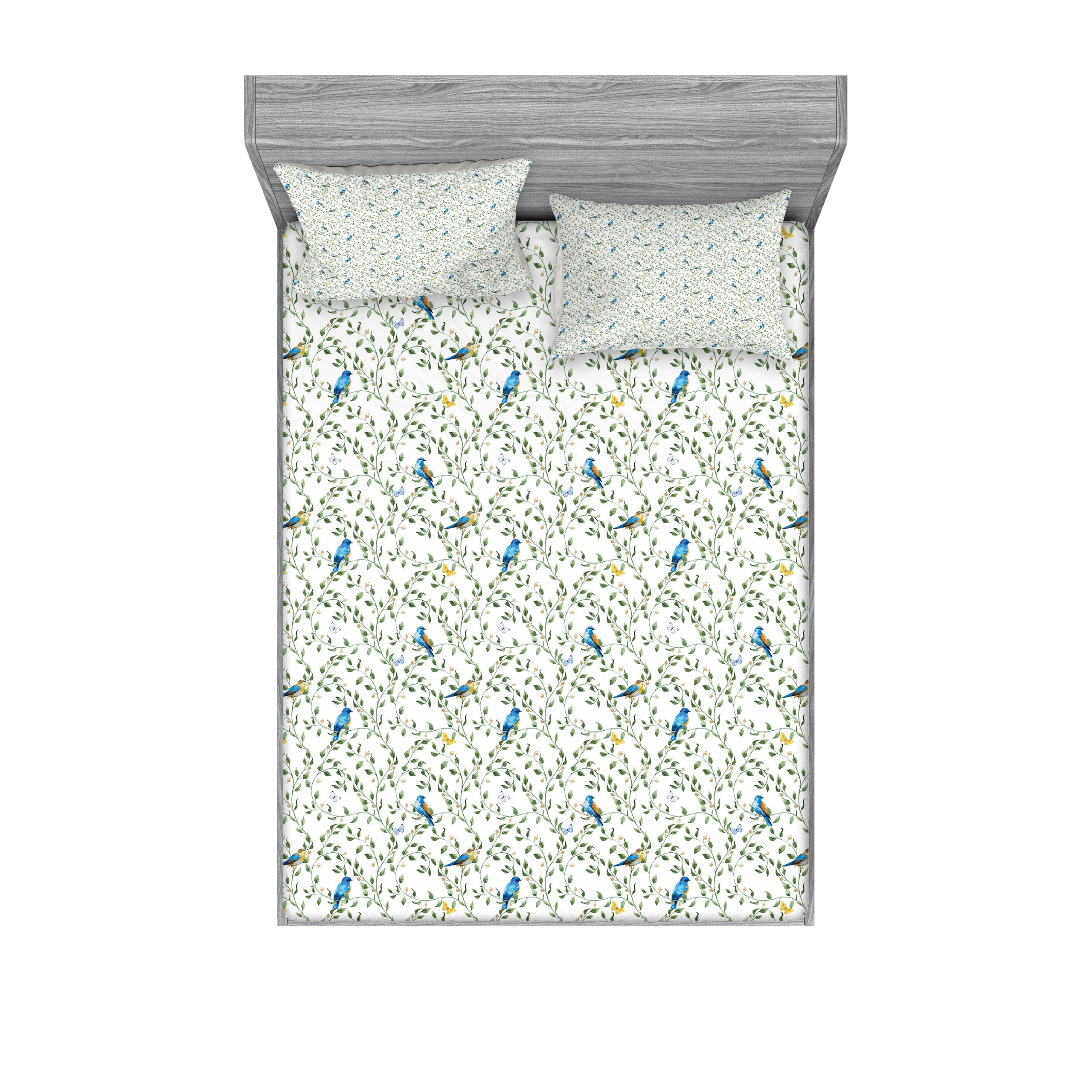 Birds Fitted Sheet & Pillow Sham Set, Winged Animal and Butterflies on ...