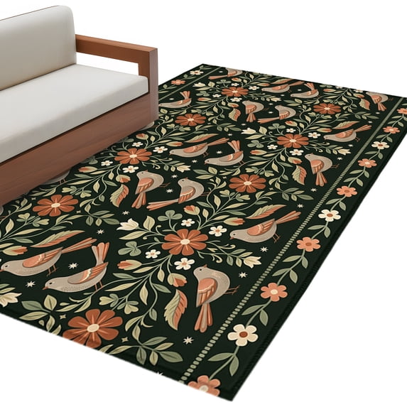 Birds Floral Area Rug 4x6 Washable Rug Non Slip Vintage Abstract Art ...
