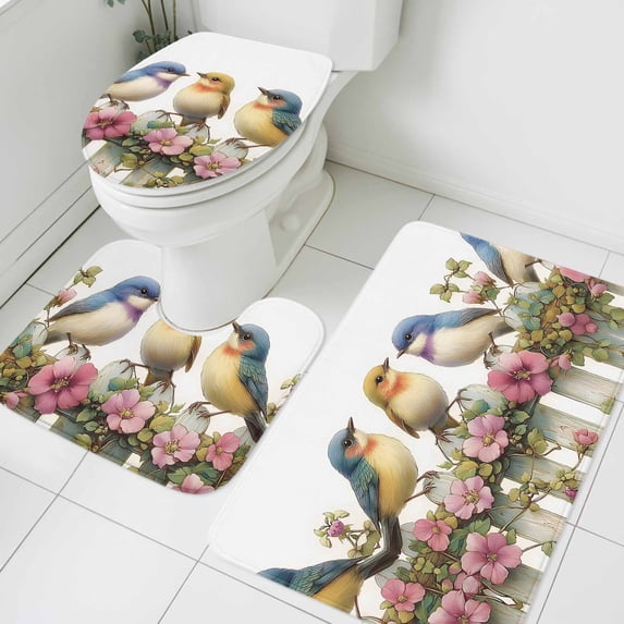 Birds Floral Bathroom Rugs Set Retro Fence Non Slip Absorbent Soft Bath ...