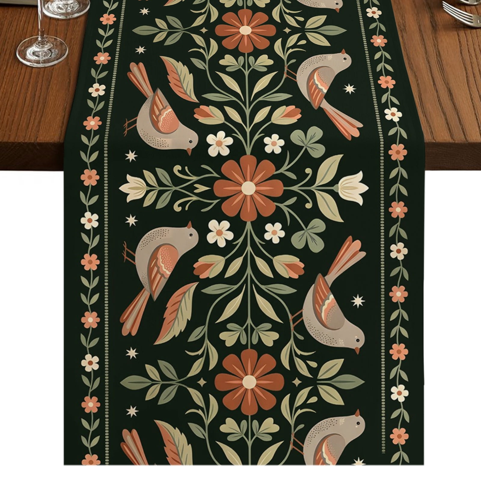 Birds Floral Burlap Cotton Table Runner 14x72 Inches Long, Vintage ...
