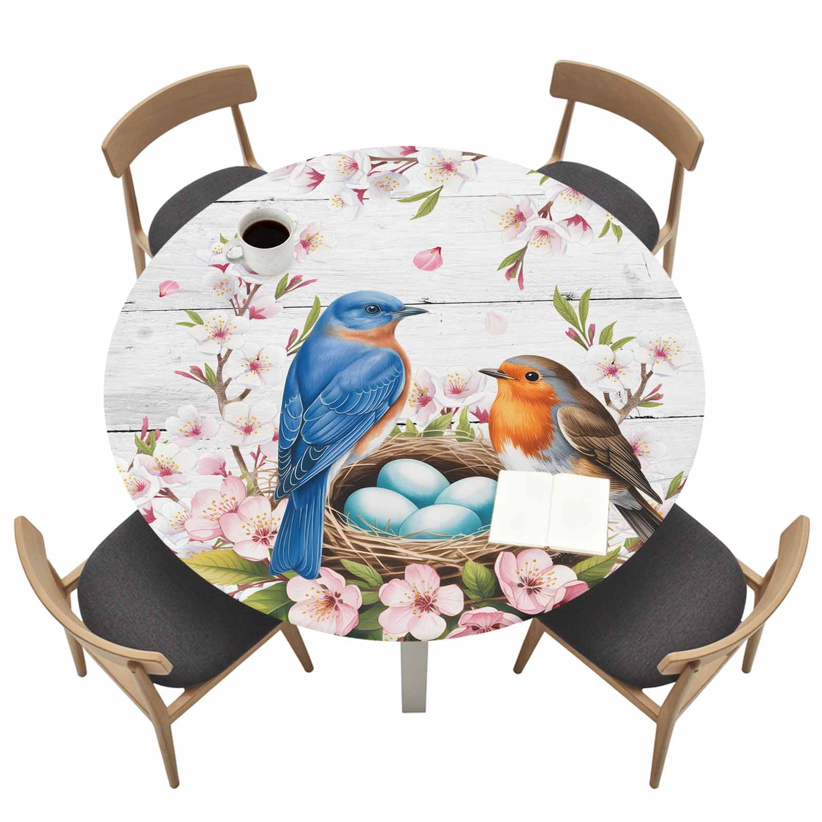 Birds Floral Fitted Tablecloth with Elastic Edged, Round Table Cloth ...