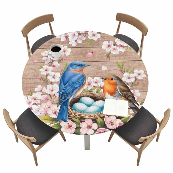 Birds Floral Fitted Tablecloth with Elastic Edged, Round Table Cloth ...