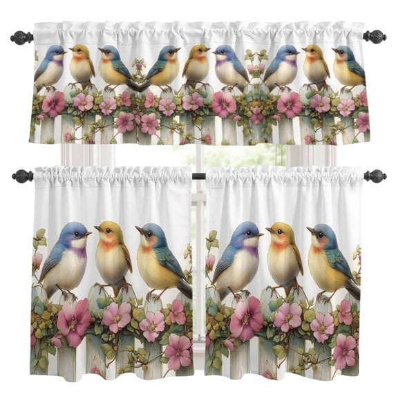 Birds Floral Kitchen Curtains Set for Windows, Retro Fence Curtains ...