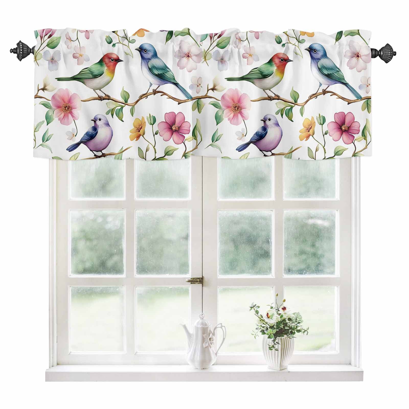 Birds Floral Kitchen Valances for Windows 42x12 Inch Kitchen Curtains ...