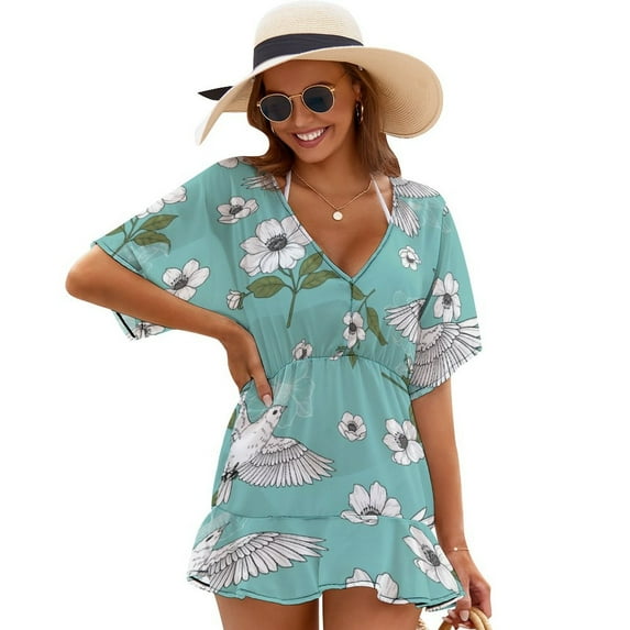 Birds Floral Pattern Beach Cover Ups Women V Neck Short Sleeve Dress ...