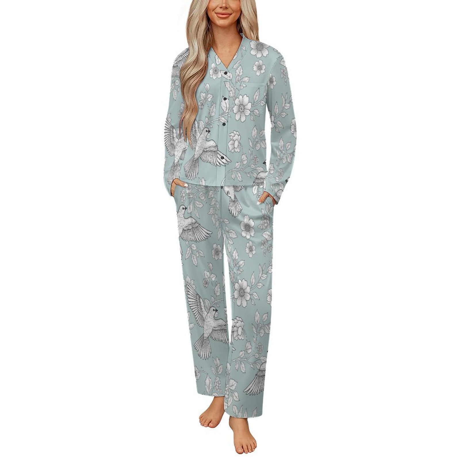 Birds Floral Pattern Print Womens Pyjamas Set Button Up Pyjamas Womens ...