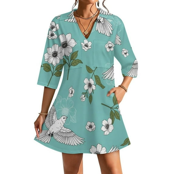 Birds Floral Pattern Womens Dress With Pockets Summer V Neck 3/4 Sleeve ...