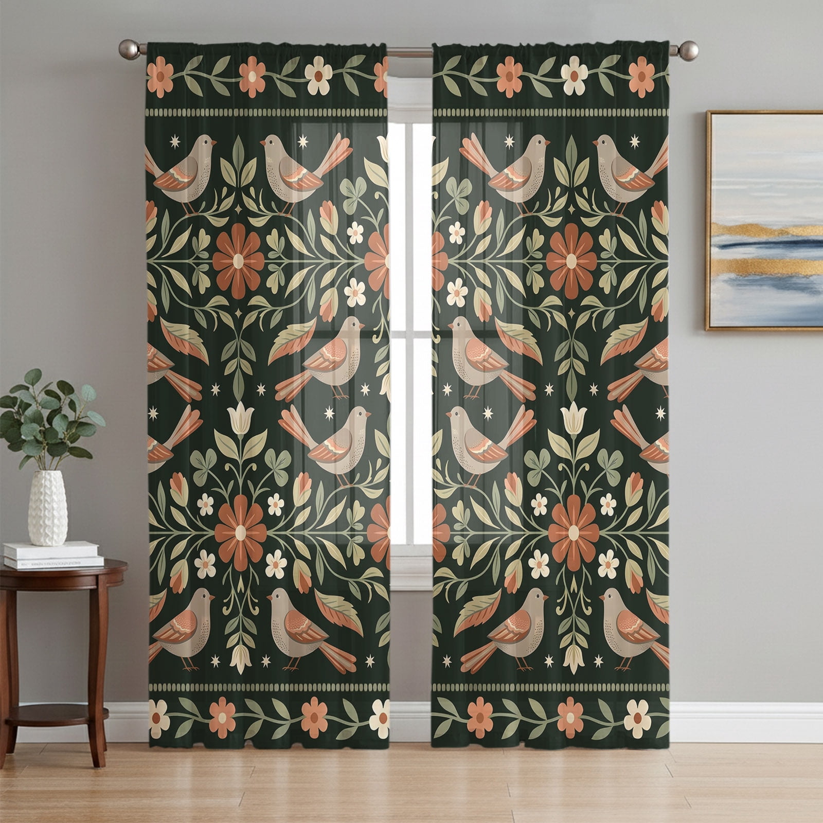 Birds Floral Sheer Curtains 63 Inches Long, Vintage Abstract Art ...