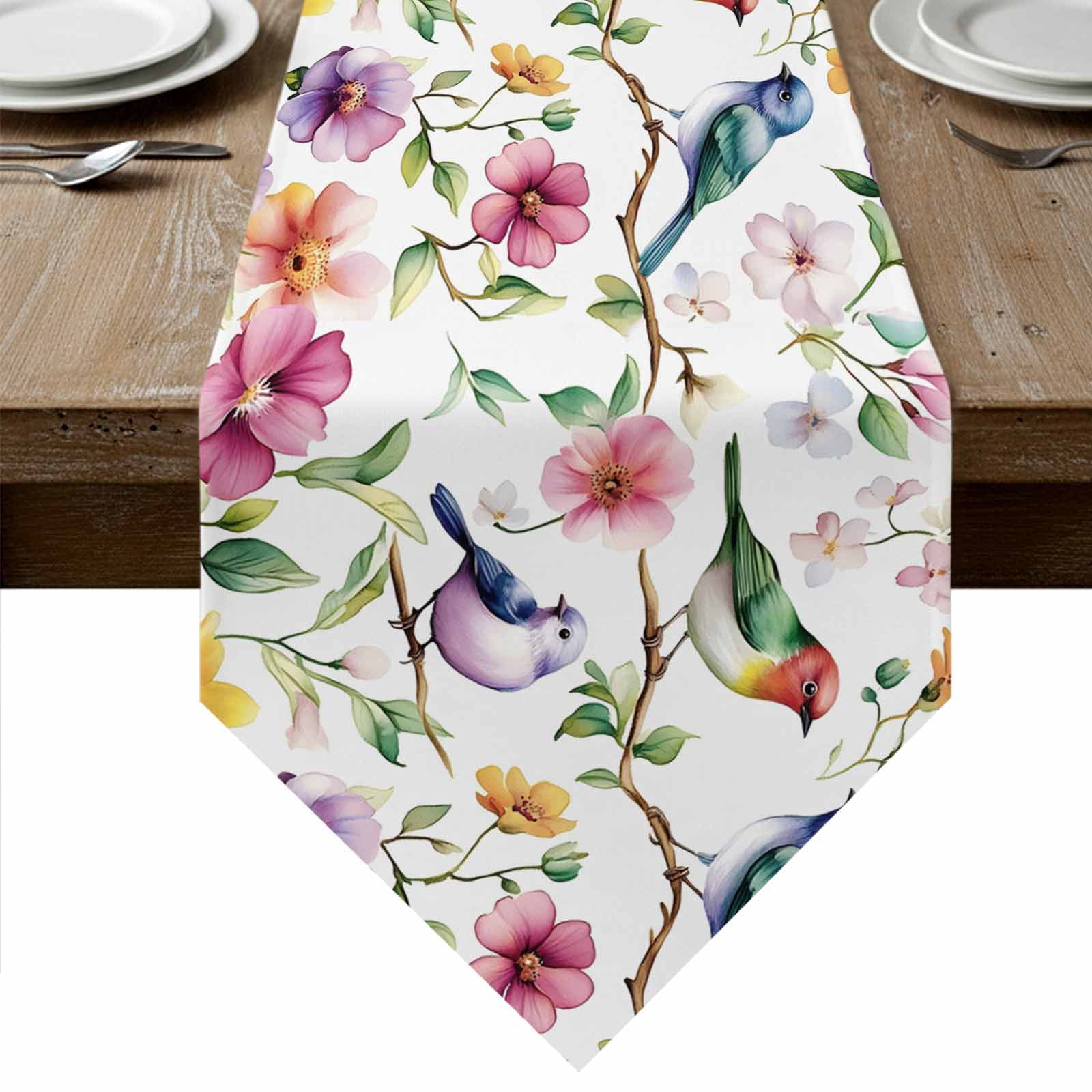 Birds Floral Table Runner Linen Burlap Table Runner 60 Inches Long ...