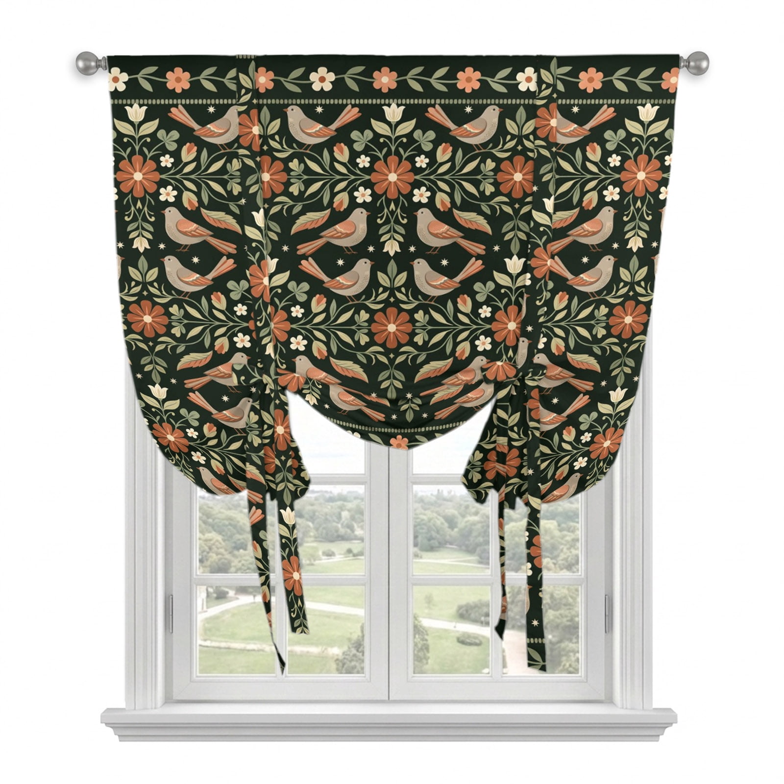 Birds Floral Tie Up Curtains for Windows 63 Inch Length Balloon ...
