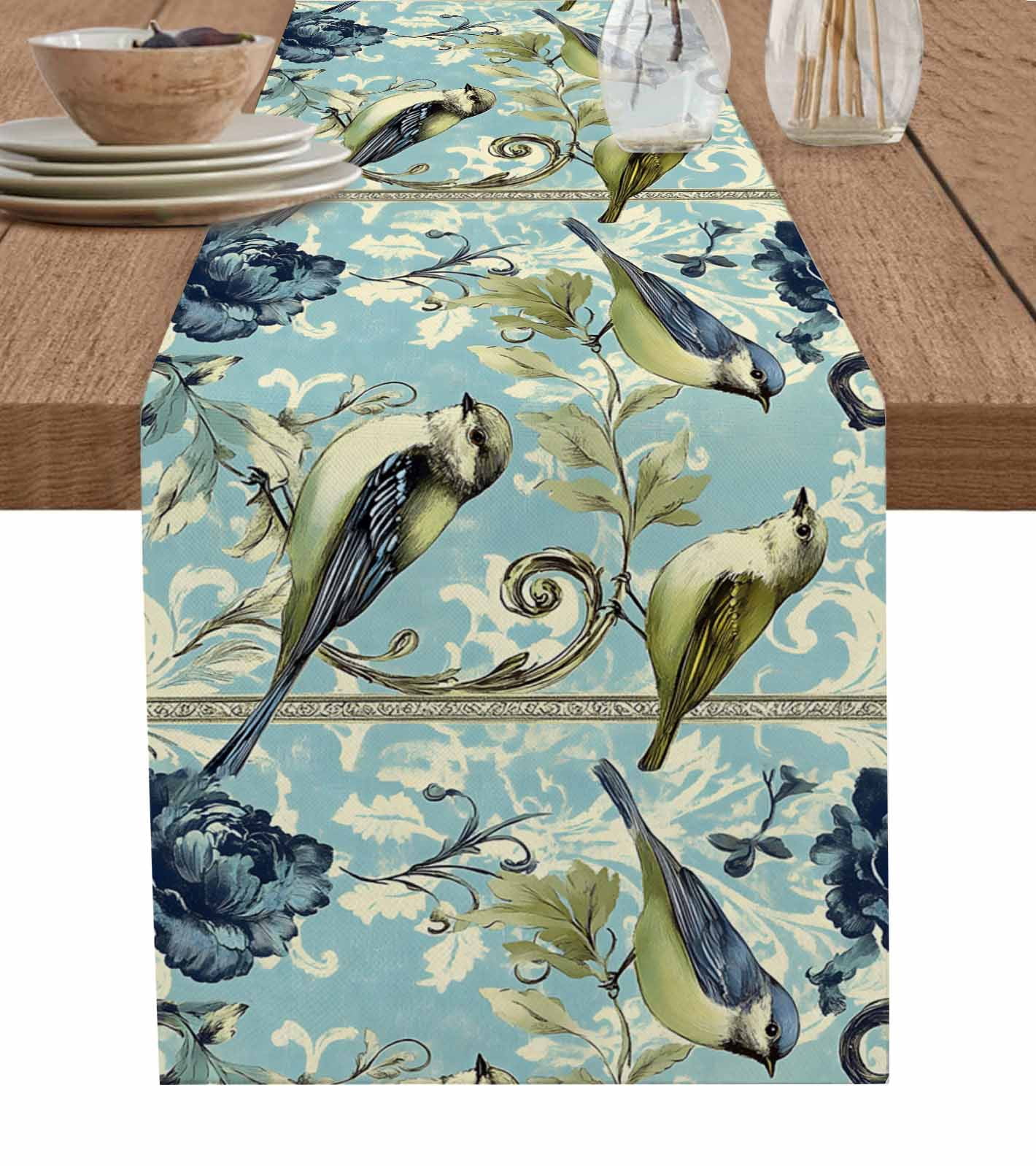 Birds Floral Vintage Table Runner Cotton Linen 120 Inch Holiday Dresser ...