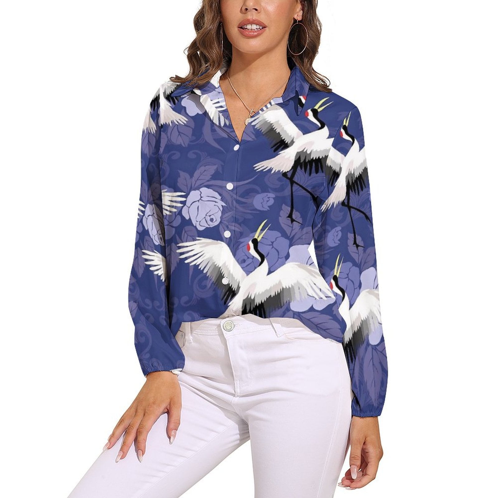 Birds Flower Blouse Long-Sleeve Blooming Magnolia Kawaii Blouses Woman ...