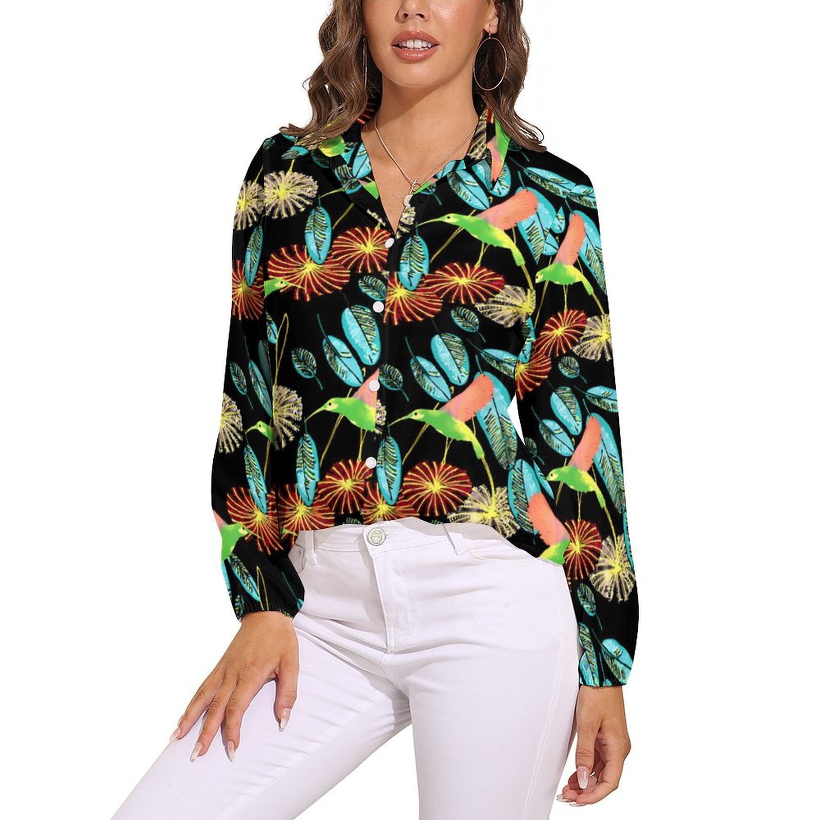 Birds Flower Blouse Long-Sleeve Blooming Magnolia Kawaii Blouses Woman ...