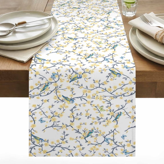 Birds Flower Cotton Linen Table Runner Watercolor Country Bluebird ...