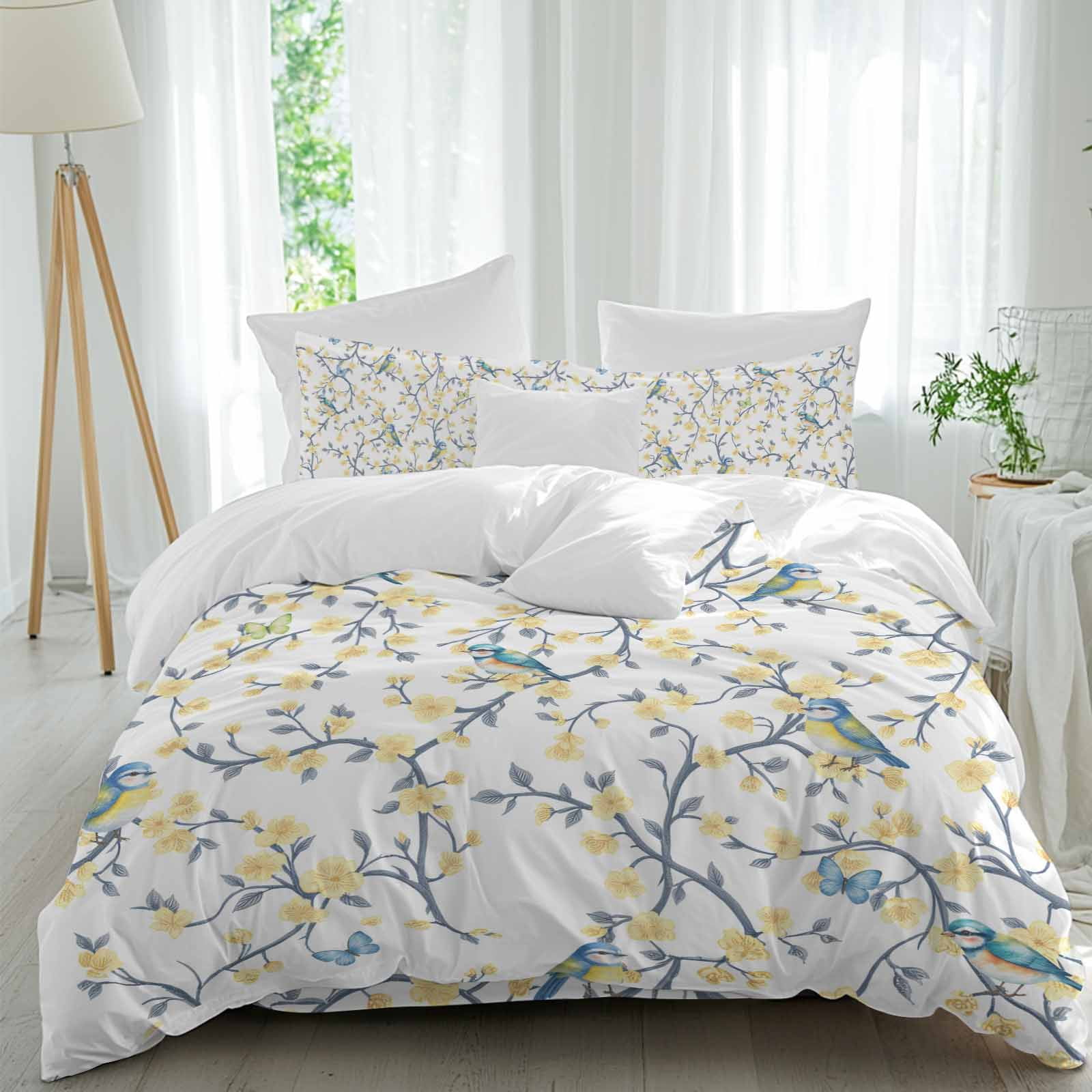 Birds Flower Duvet Cover Set Cal King Size, Watercolor Country Bluebird ...