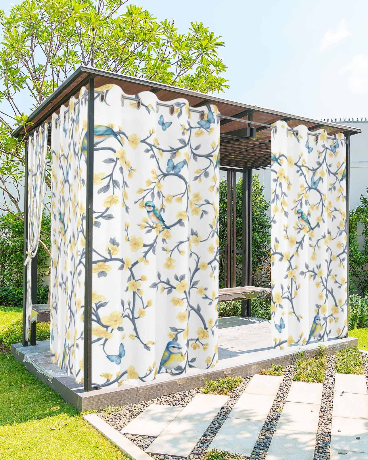 Birds Flower Outdoor Curtains for Patio, Watercolor Country Bluebird ...