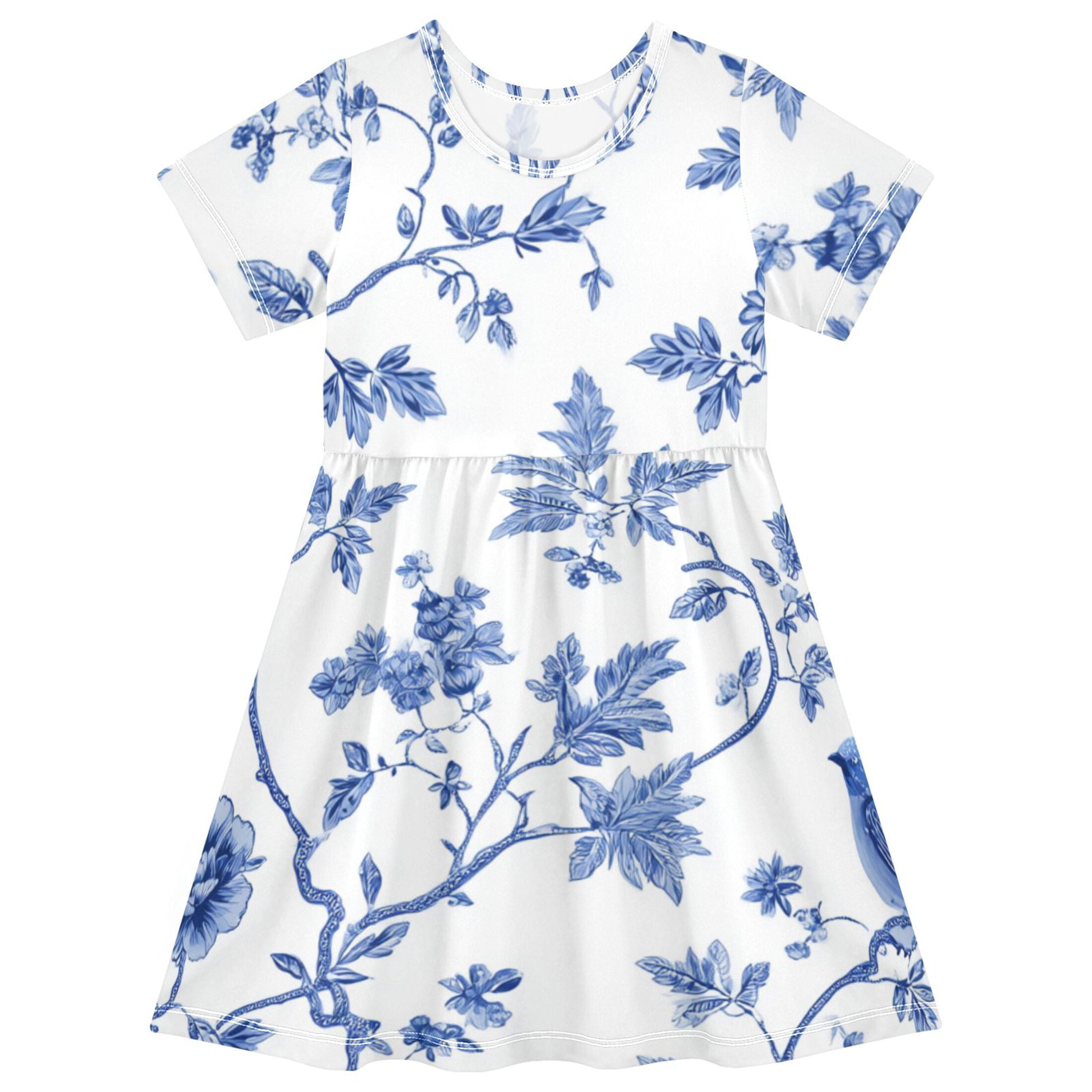 Birds Flowers Blue Ink Painting Girls' Short Sleeve Dress A-Line One ...