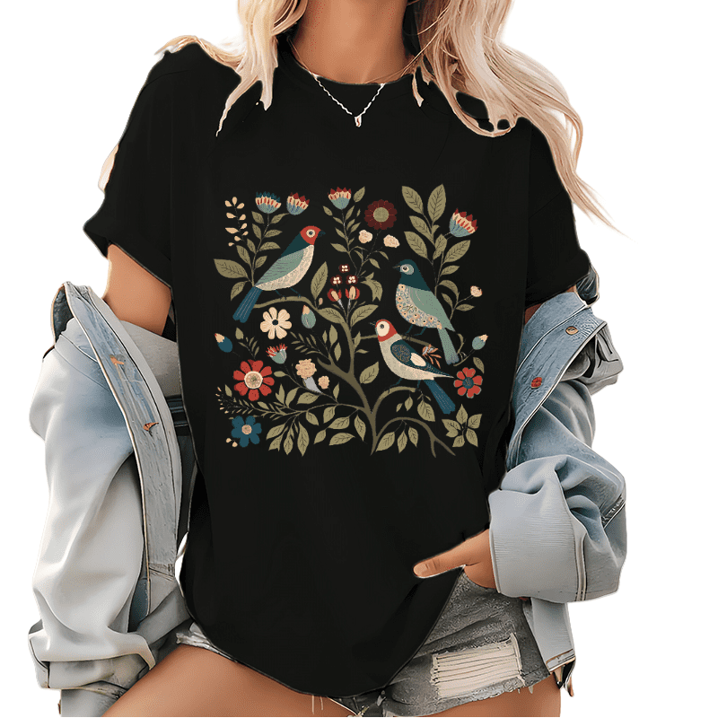 Birds Flowers Design Print T Shirt Floral Art Graphic Tees Short Sleeve ...