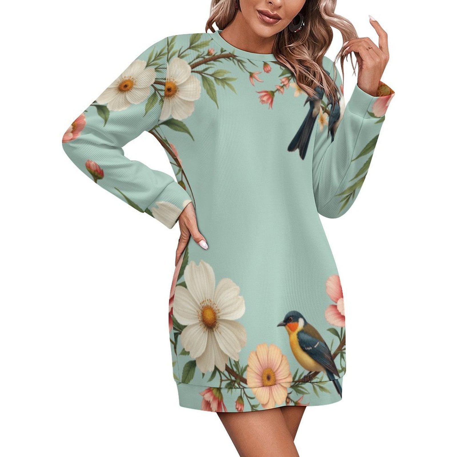 Birds Flowers Nature Frame Beauty Women Elegant Long Sleeve Warm Dress ...