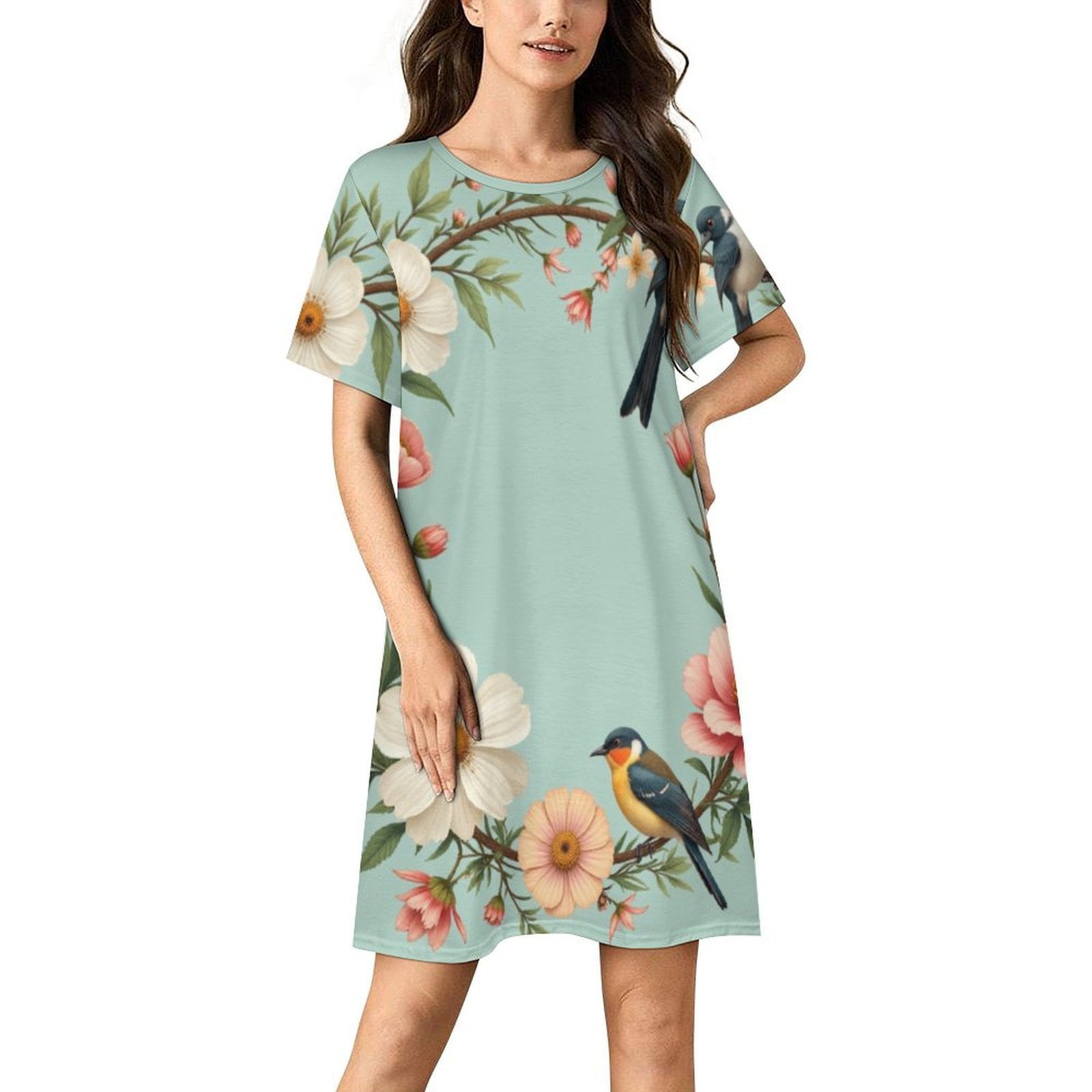 Birds Flowers Nature Frame Beauty Women Nightgown Sleepwear Short ...