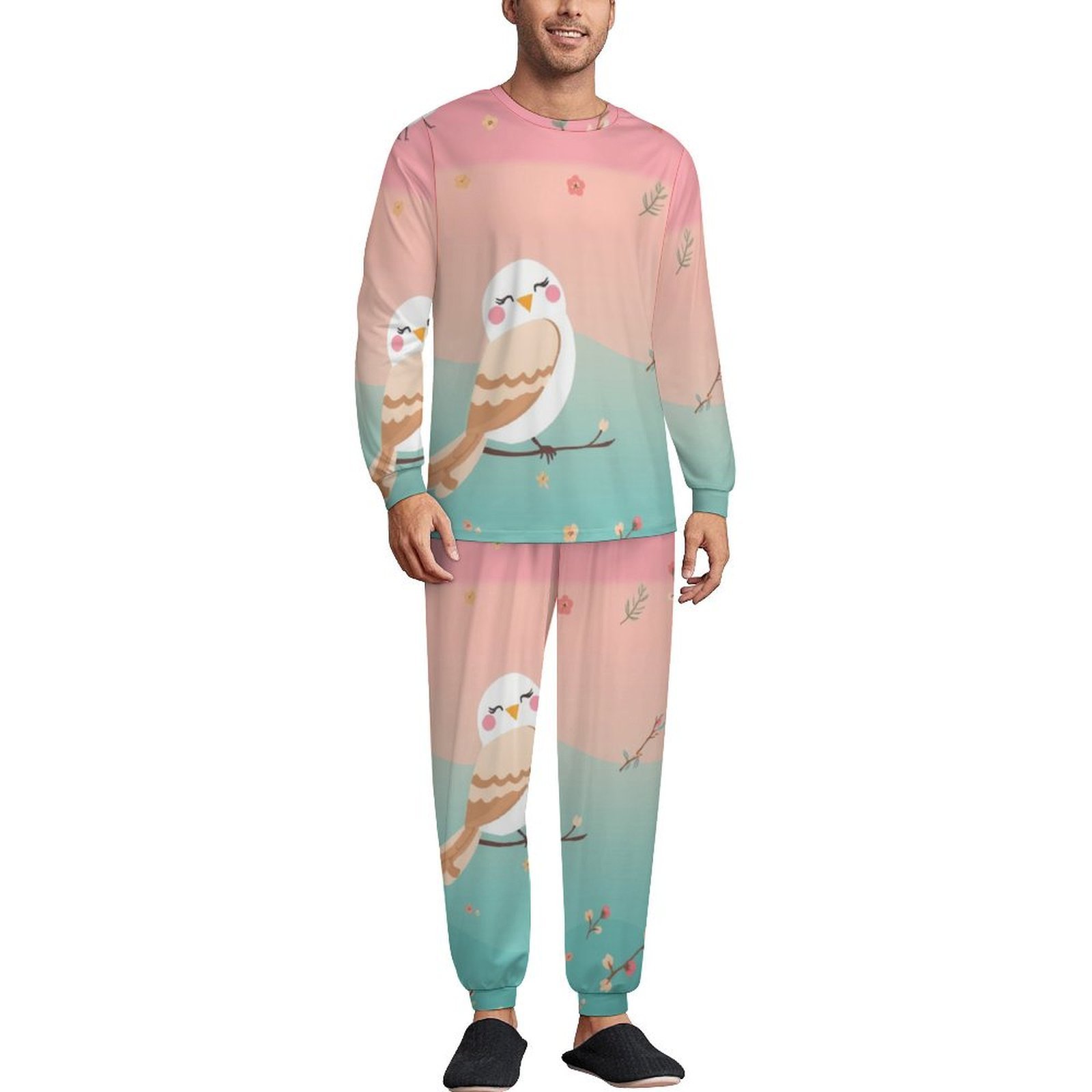 Birds Flowers Pastel Pajamas Long Sleeves 2 Pieces Room Pajama Sets ...