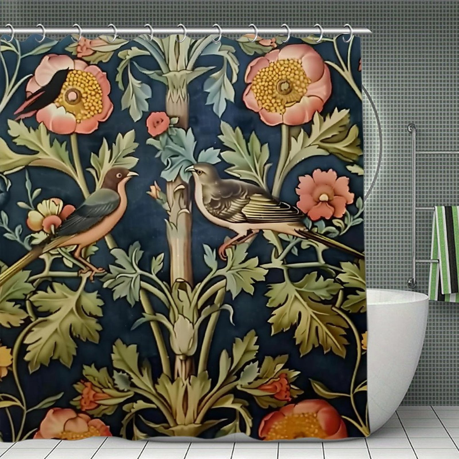 Birds Flowers Relief Print Shower Curtain,Modern Fabric Waterproof ...