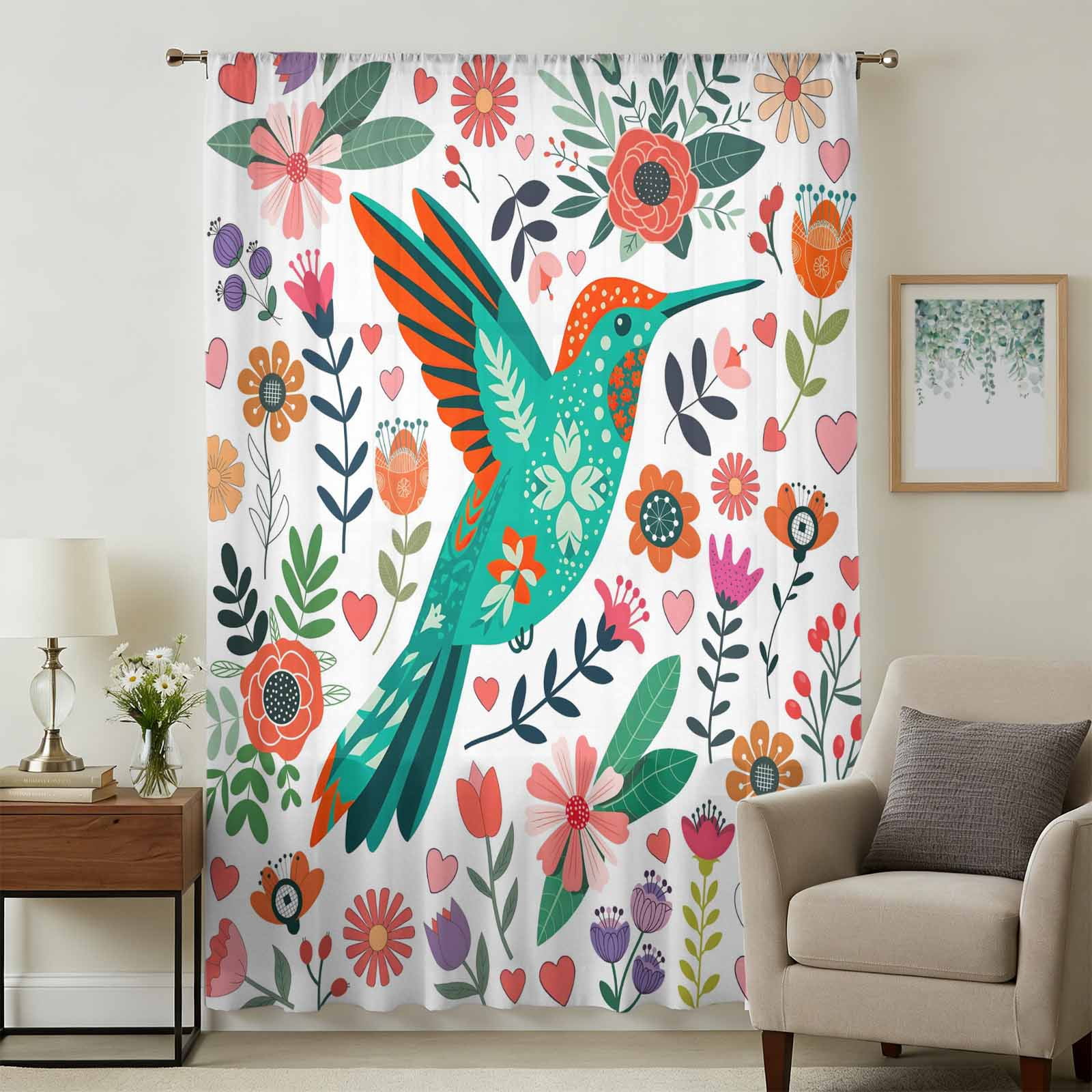 Birds Flowers Sheer Curtains 45 Inches Long, Cartoon Sunny Colorful ...