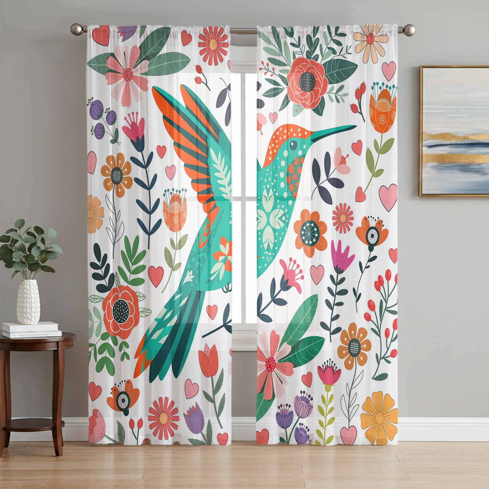 Birds Flowers Sheer Curtains for Living Room Bedroom Cartoon Sunny ...