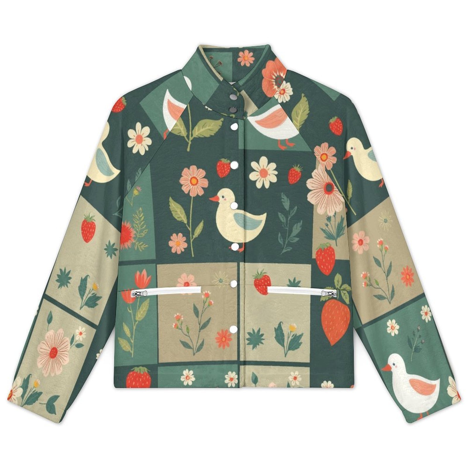 Birds Flowers Strawberries Fall Winter Women Jacket Stand Collar Thick ...