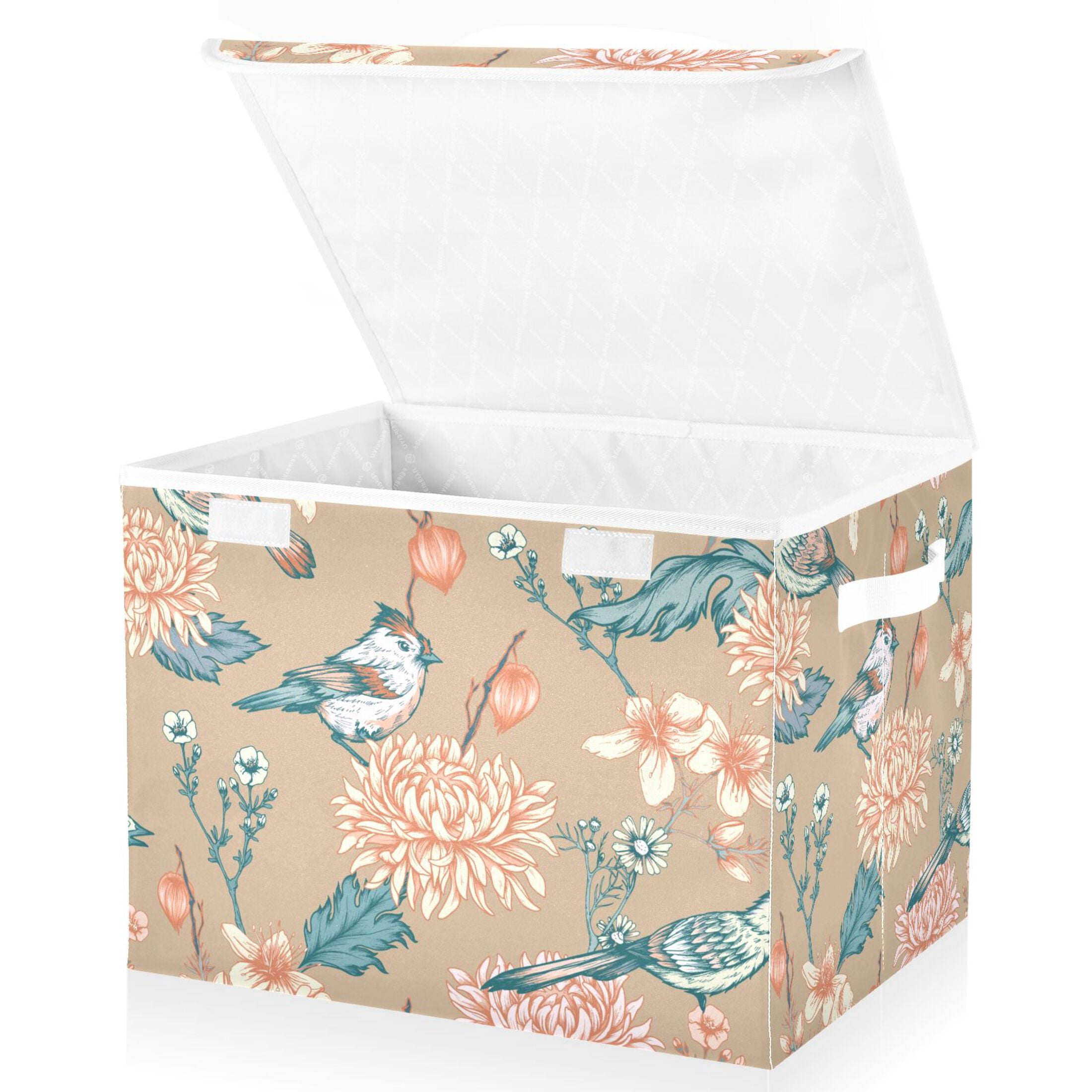 Birds Flowers and Leaves Large Lidded Storage Bin Foldable Storage ...