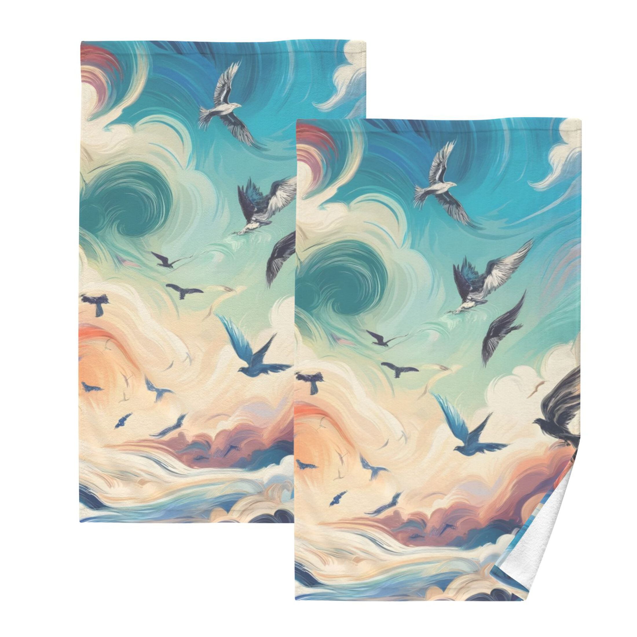 Birds Fly in Fantastic Sky Hand Towel Set 2 Pcs Cotton Absorbent Soft ...