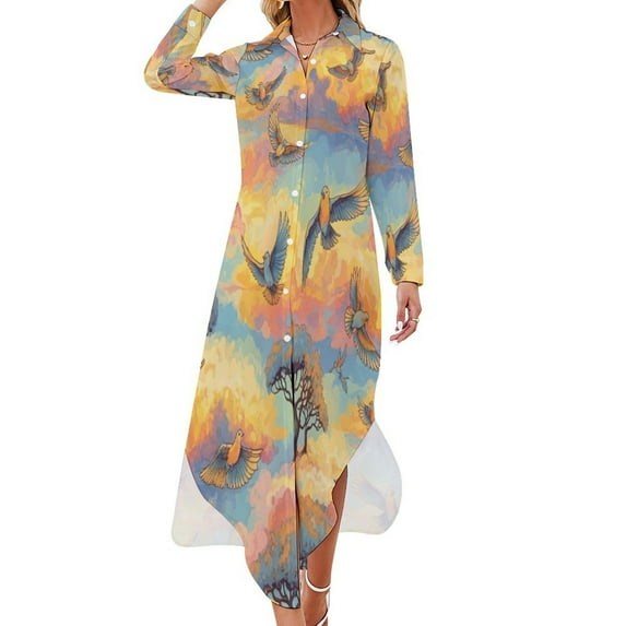 Birds Flying Over Trees Shirt Dress Long Sleeve Street Fashion V Neck ...