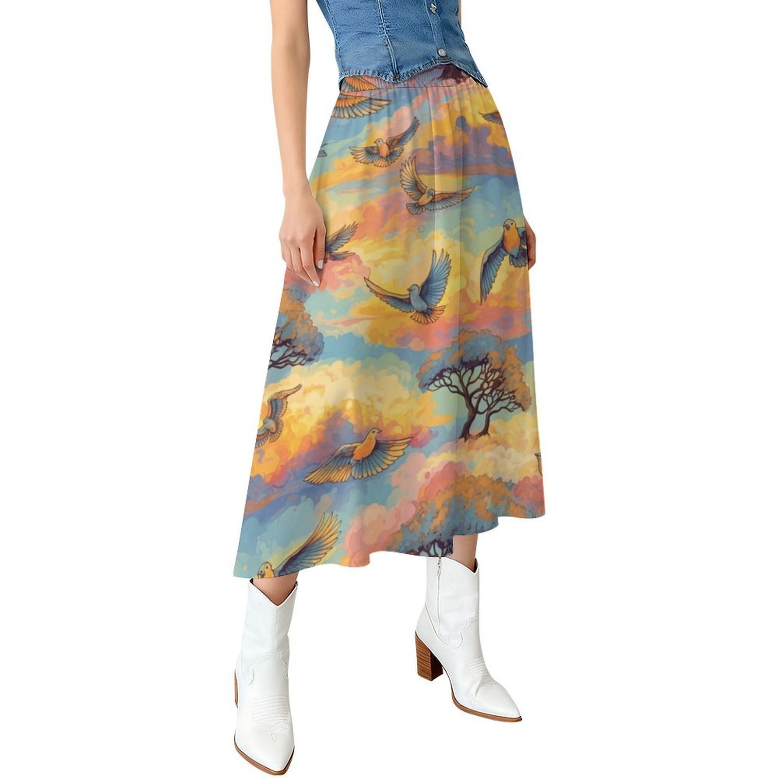 Birds Flying Over Trees Women High Waist Midi Skirt Elegant Midi Skirt ...