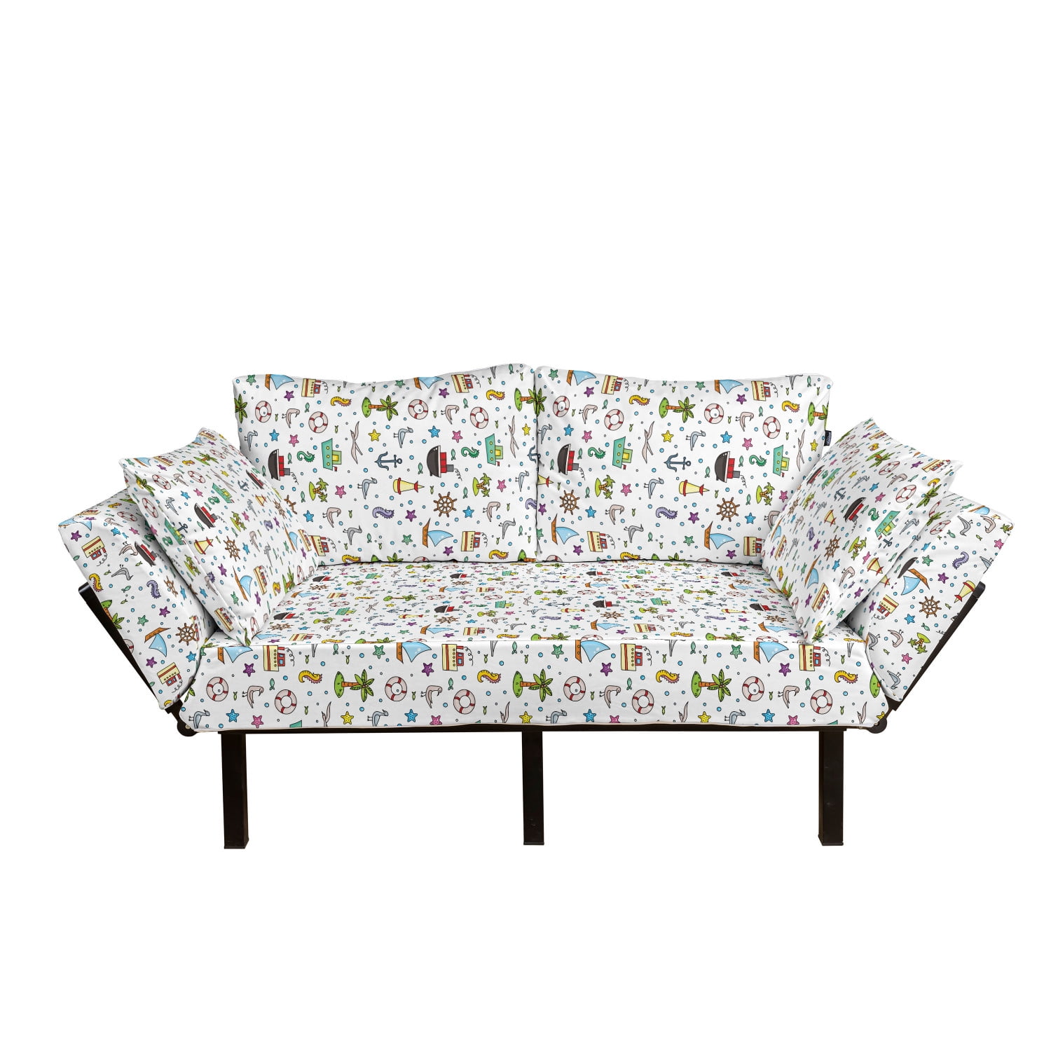 Birds Futon Couch, Nautical Cartoon Elements Ships Flying Birds ...