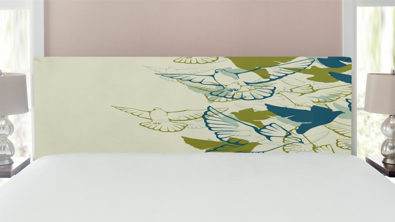 Birds Headboard, Original Colored Image of a Flock Flying Pigeons in ...